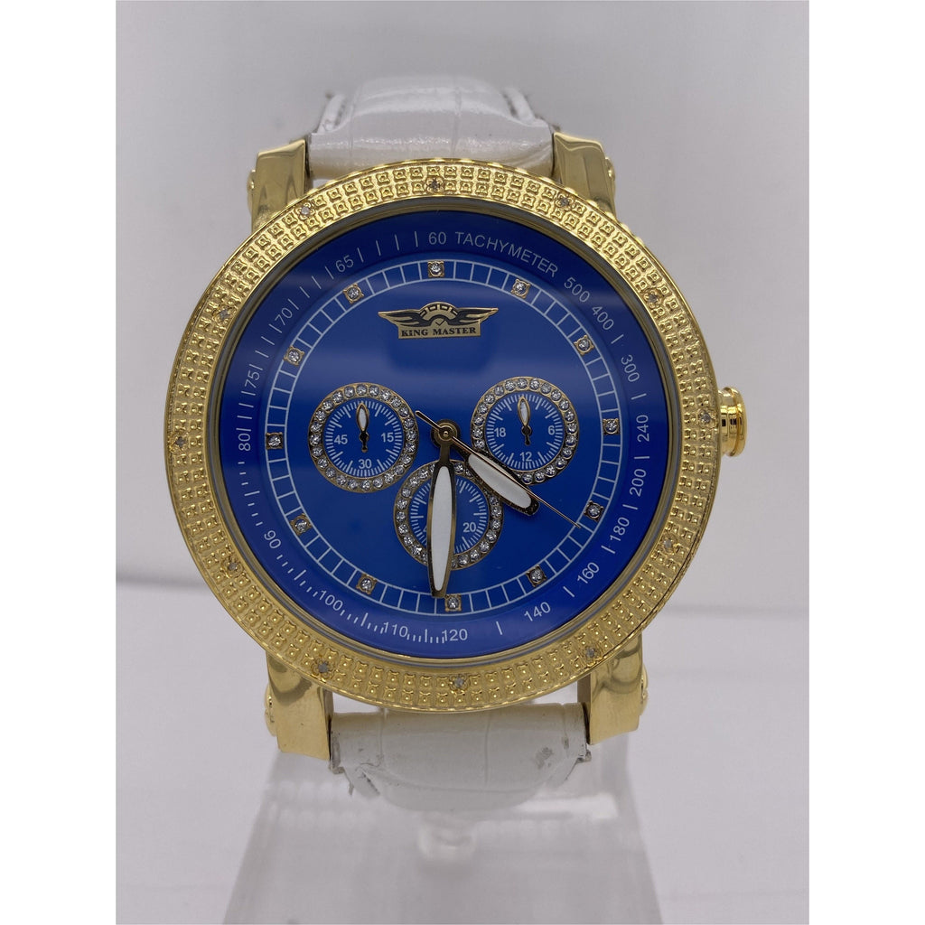 King Master Men's Gold Bezel Blue Dial White Leather Strap Watch – ELI ...